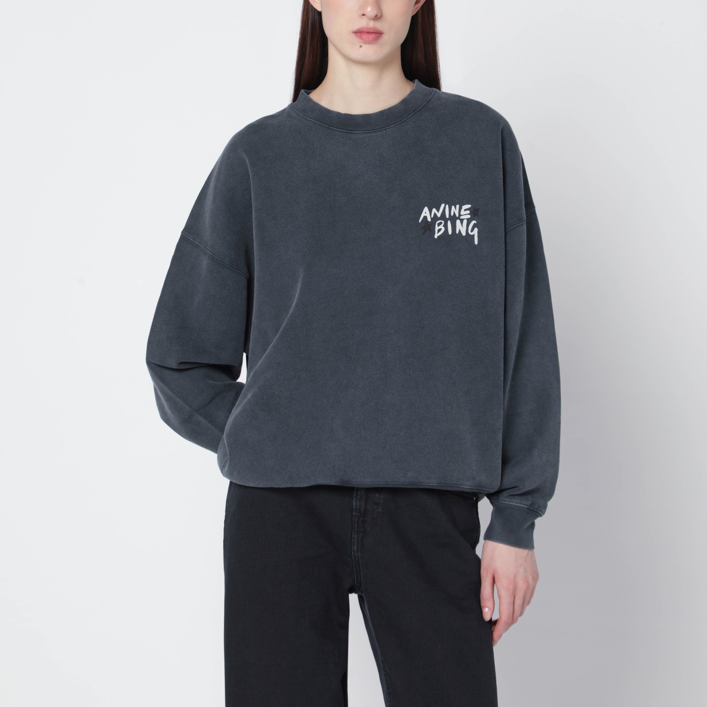 ANINE BING Black washed oversized sweatshirt with logo | TheDoubleF