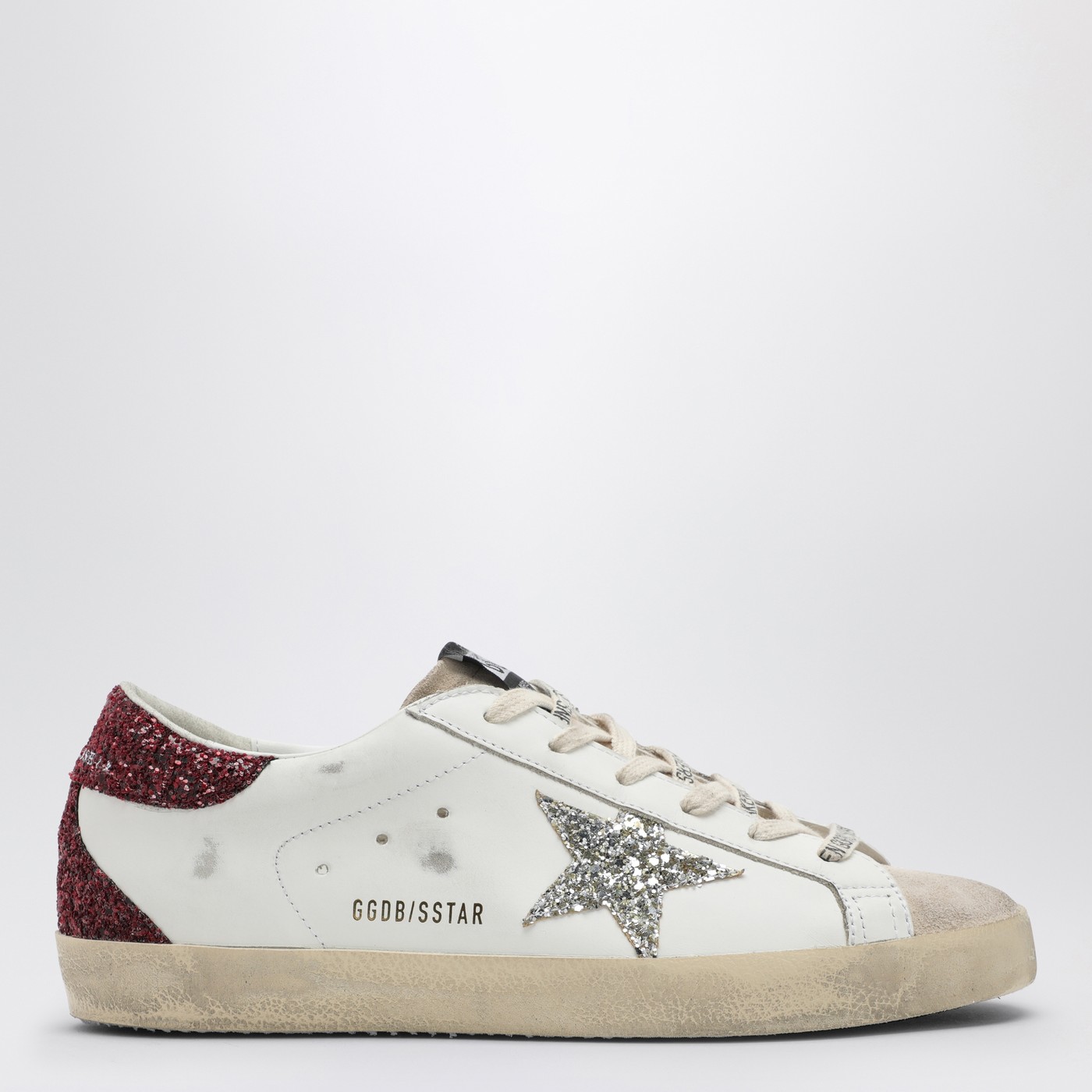 Golden Goose White Super-star sneaker with burgundy/silver glitter ...