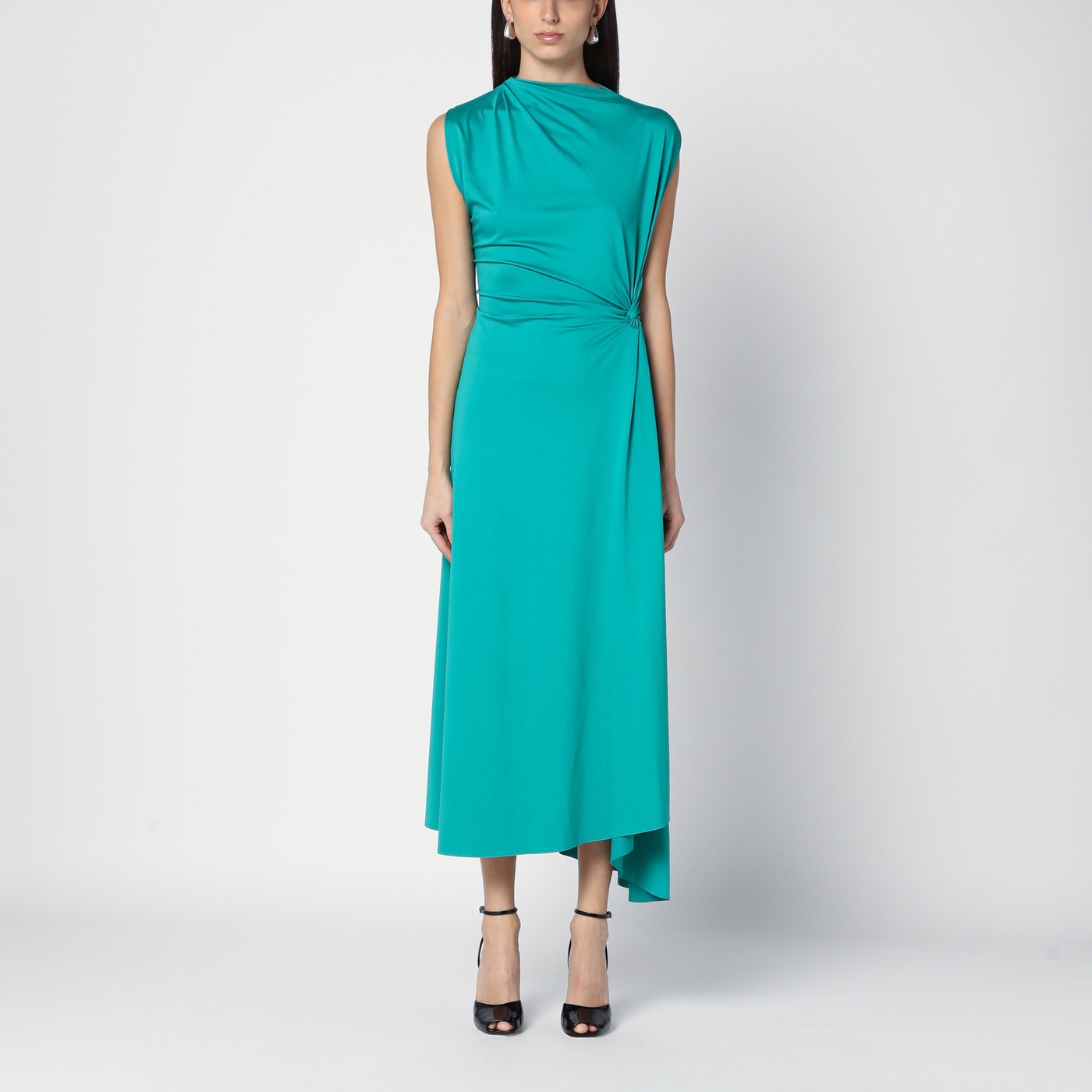 Victoria Beckham Peacock coloured dress with draping | TheDoubleF