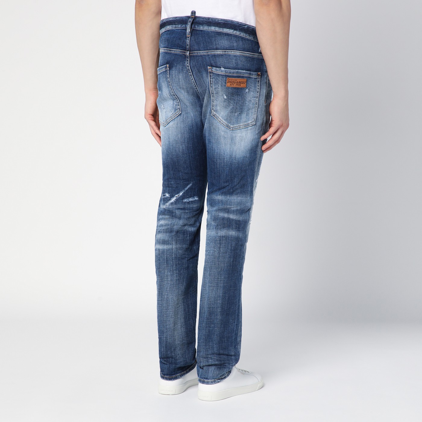 Dsquared2 Navy blue washed denim jeans with wear | TheDoubleF