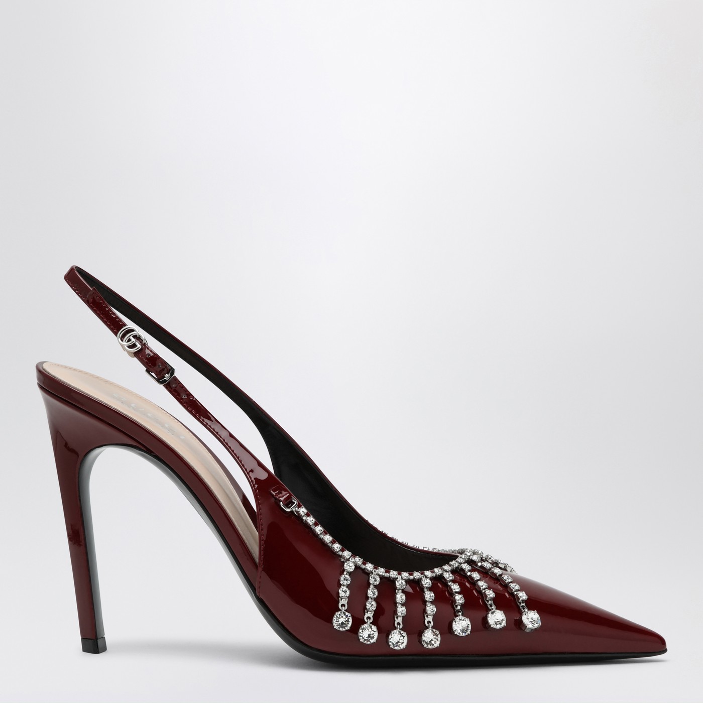 GUCCI Bordeaux patent leather pump with crystal chain | TheDoubleF