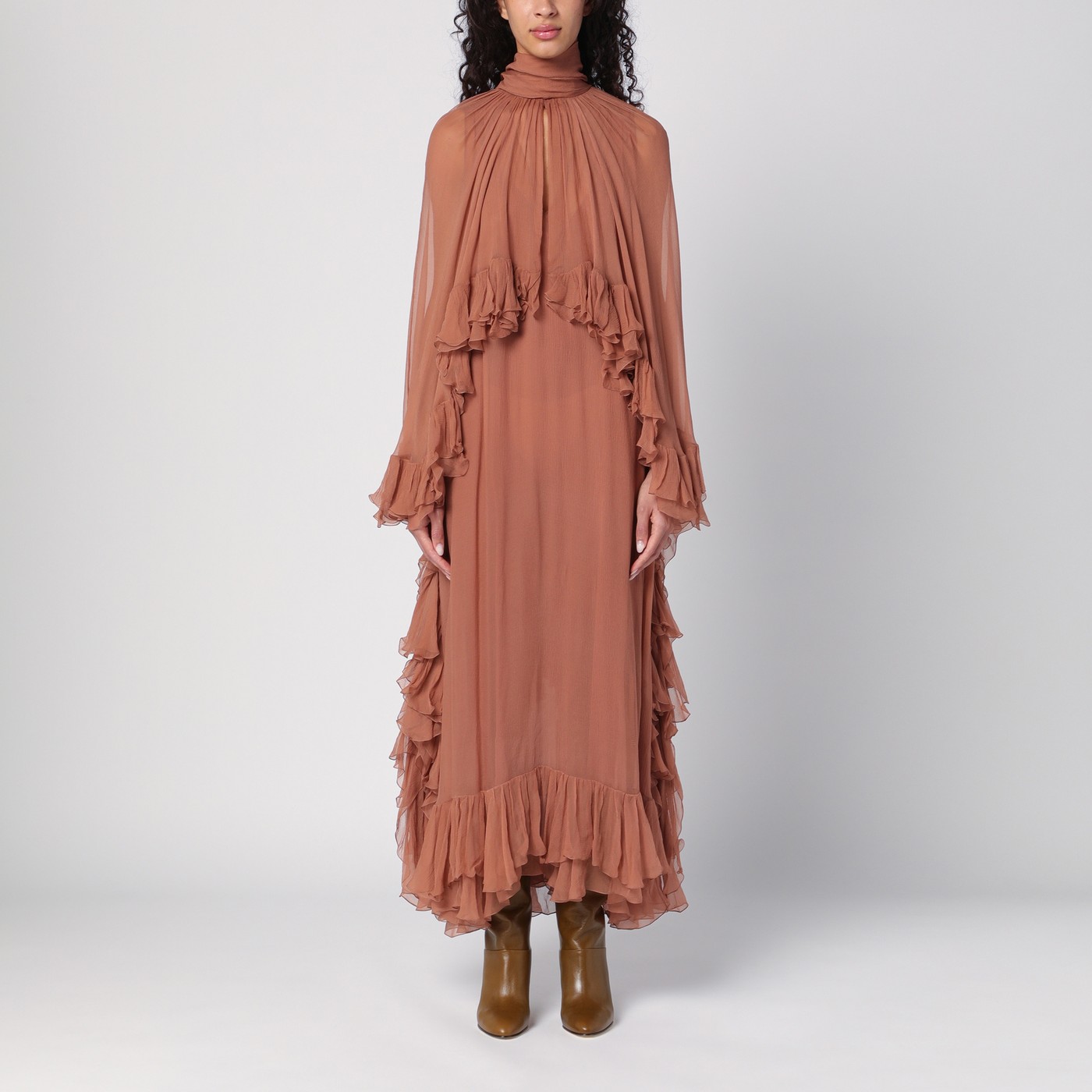 Chloé Long silk dress with copper-coloured ruffles | TheDoubleF