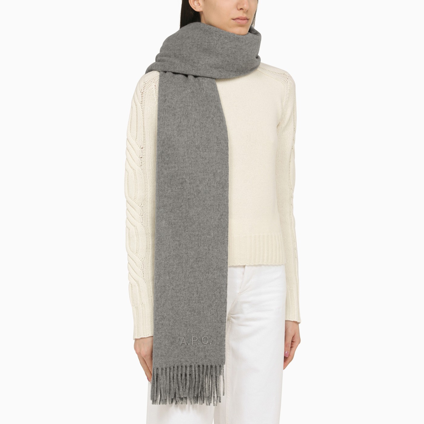 A.P.C. Ambroise Brodée grey virgin wool scarf | TheDoubleF