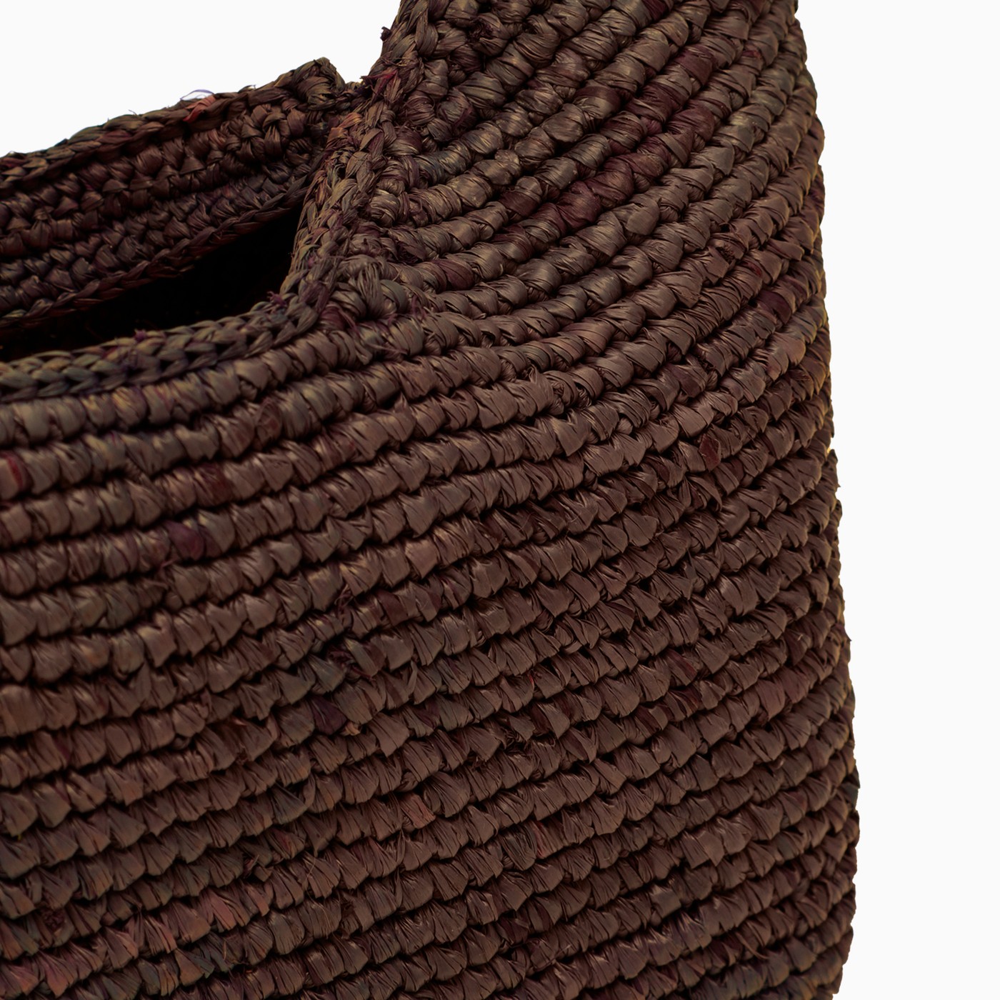 Manebí Chocolate-coloured Halfmoon bag in raffia | TheDoubleF
